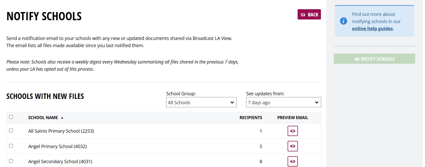 Notifying Schools – Broadcast